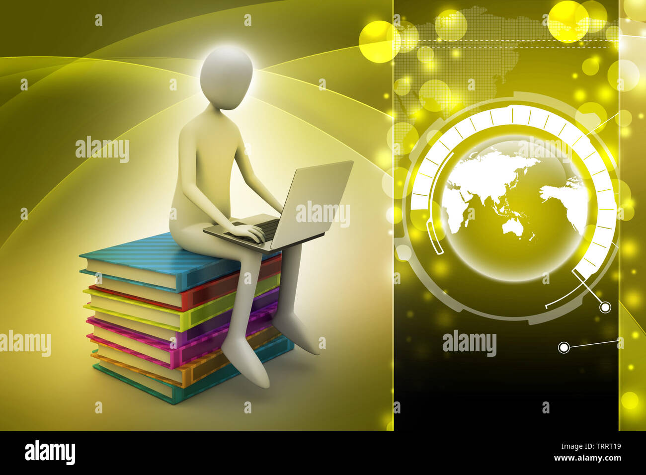 3d man sitting on books and working at his laptop Stock Photo - Alamy