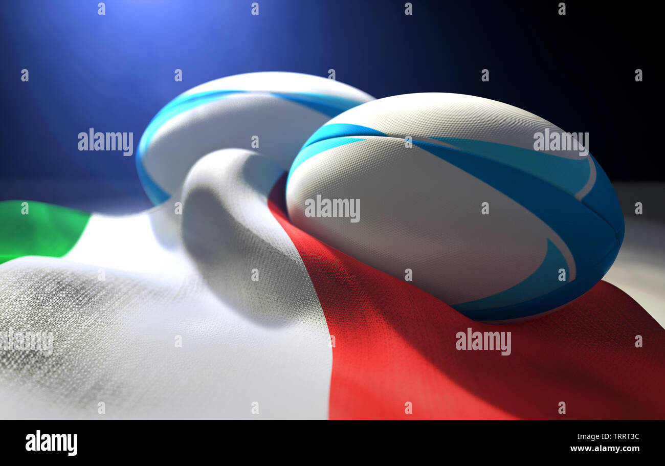 Two regular rugby balls with color design elements resting on a draped ...
