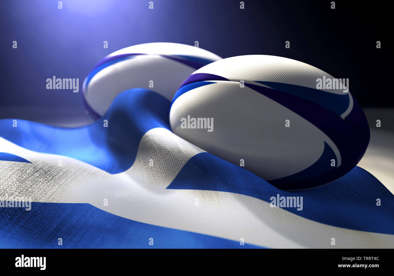 Two regular rugby balls with color design elements resting on a draped ...