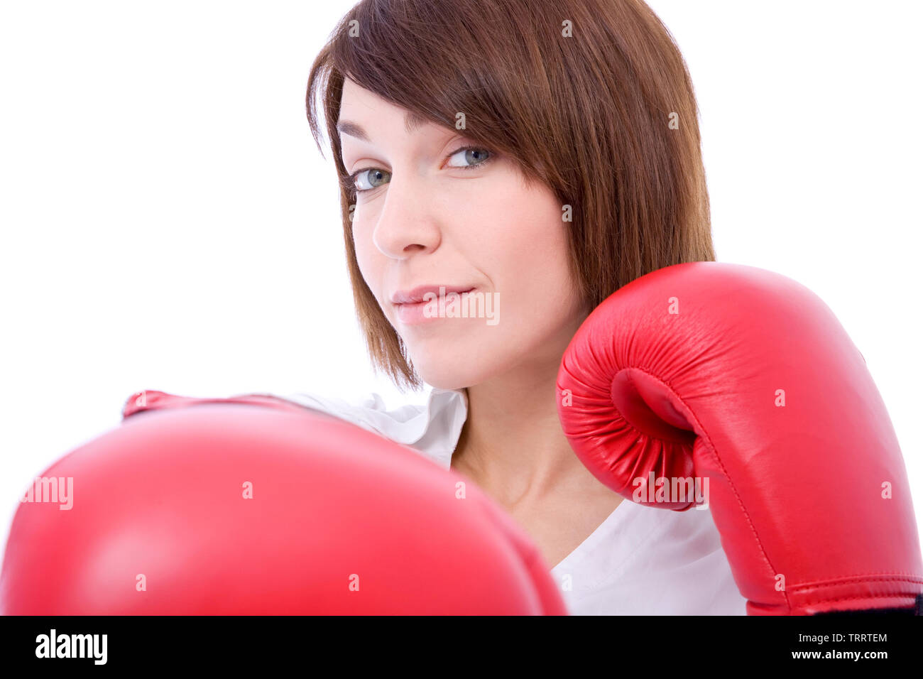 Beautiful woman ready for boxing on white Stock Photo - Alamy