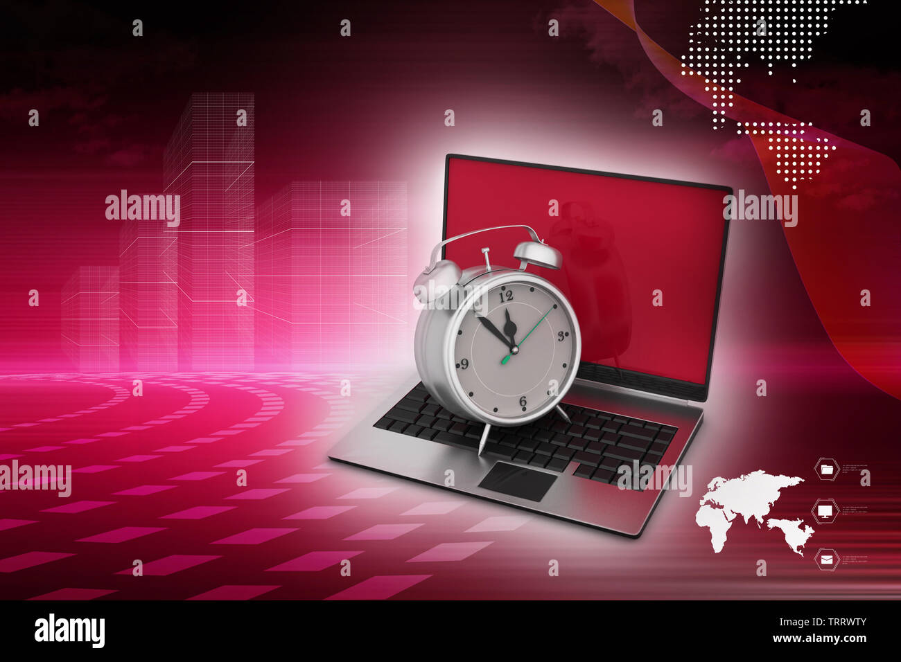 Laptop with alarm clock Stock Photo - Alamy