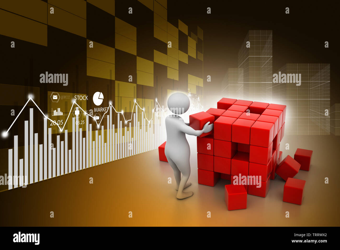 3d people - man, person pushing a cube Stock Photo - Alamy