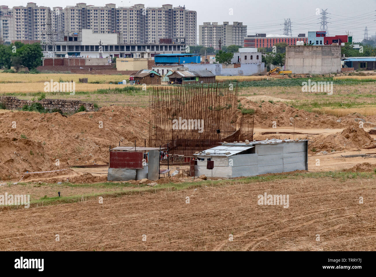 Bridge pillar construction site on background of multistory buildings ...