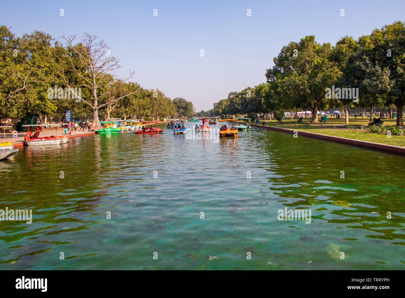 New Delhi, India - February , 2019. Canal near India Gate, tourist and ...