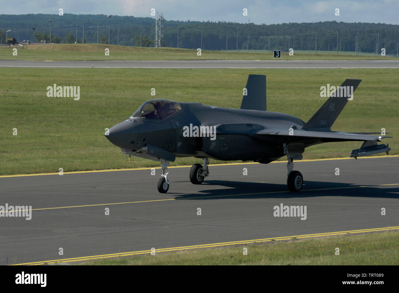A U.S. Air Force F-35A Lightning II fighter aircraft, assigned to the 421st Fighter Squadron ...