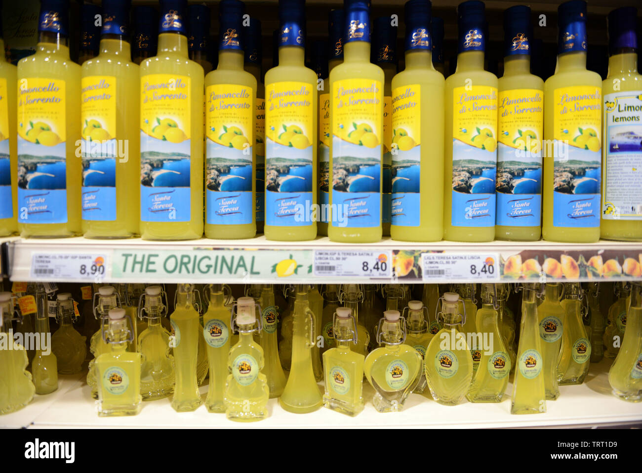 Sorrento Lemoncello bottles on display in a shop in Sorrento, Italy ...