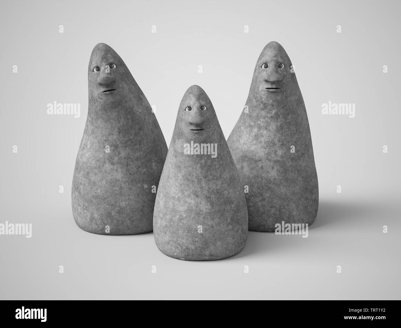 Monochrome 3D rendering of three cute curious stone figures with faces ...