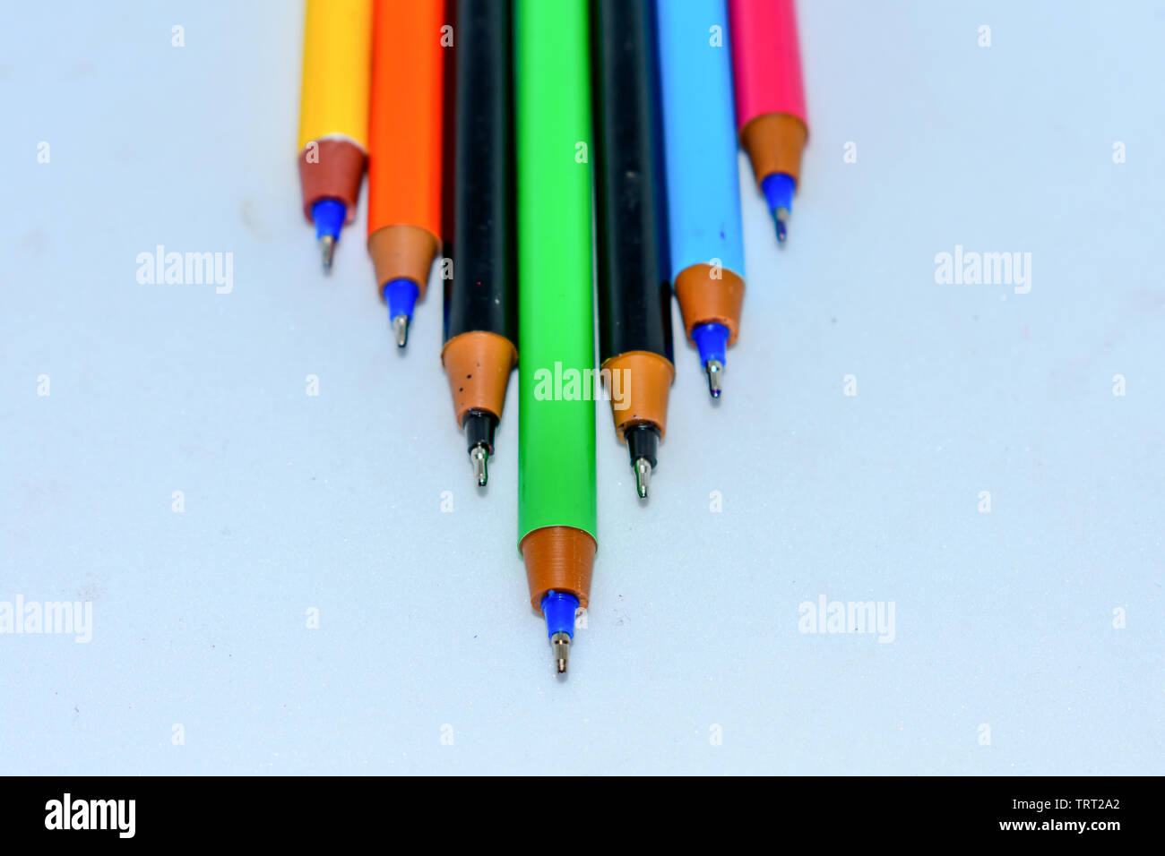 Close-up of a selection of Multi Colored boll point pens, stick ...