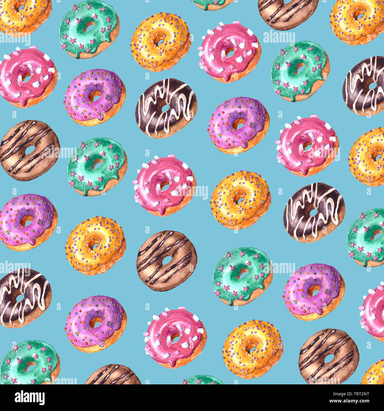 Watercolor hand drawn sketch illustration of colorful glazed donuts ...