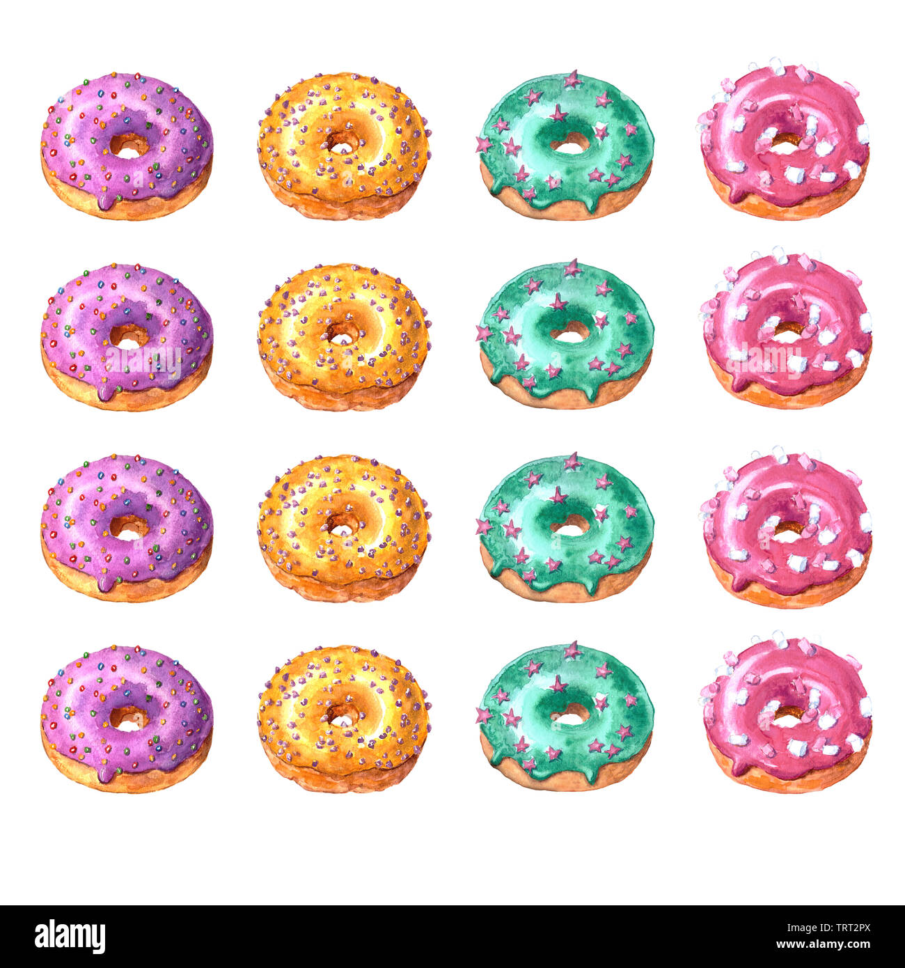 Set of watercolor hand drawn sketch illustration of colorful glazed ...