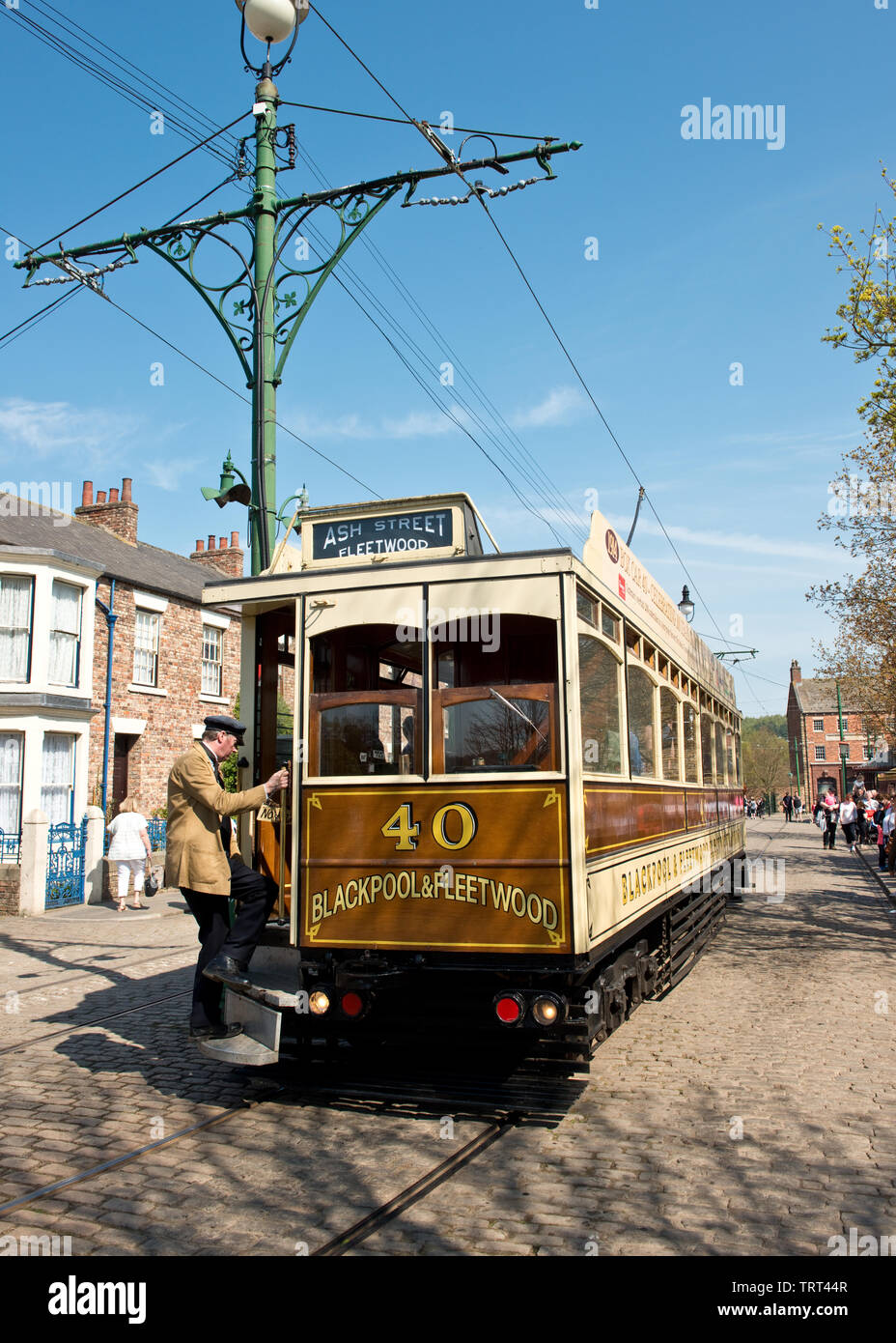 Vintage electric tram carrying passengers at Beamish Open Air Museum ...