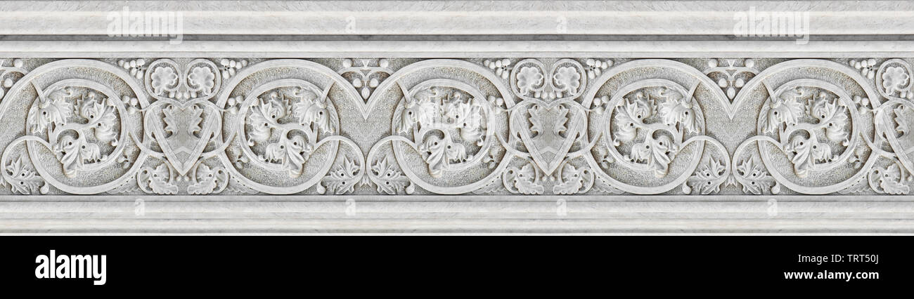 Detail of an old Italian molding stone eaves with foliage and plants ...