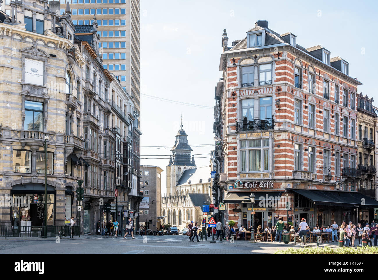 Old buildings around the traffic circle of the Grand Sablon square in Brussels, Belgium, and the ...