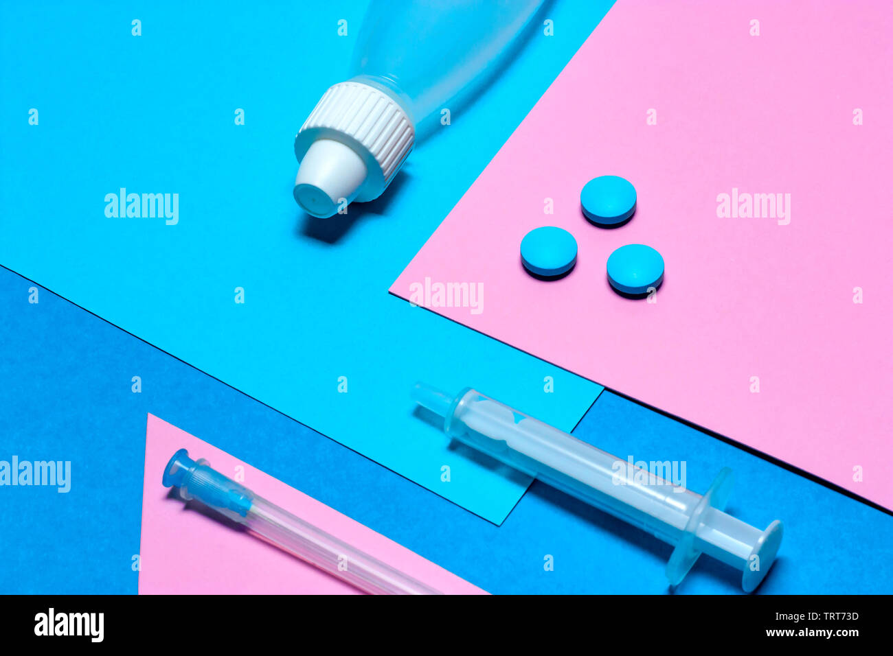 Medical stuff and pills minimalistic flat lay with copy space on a ...