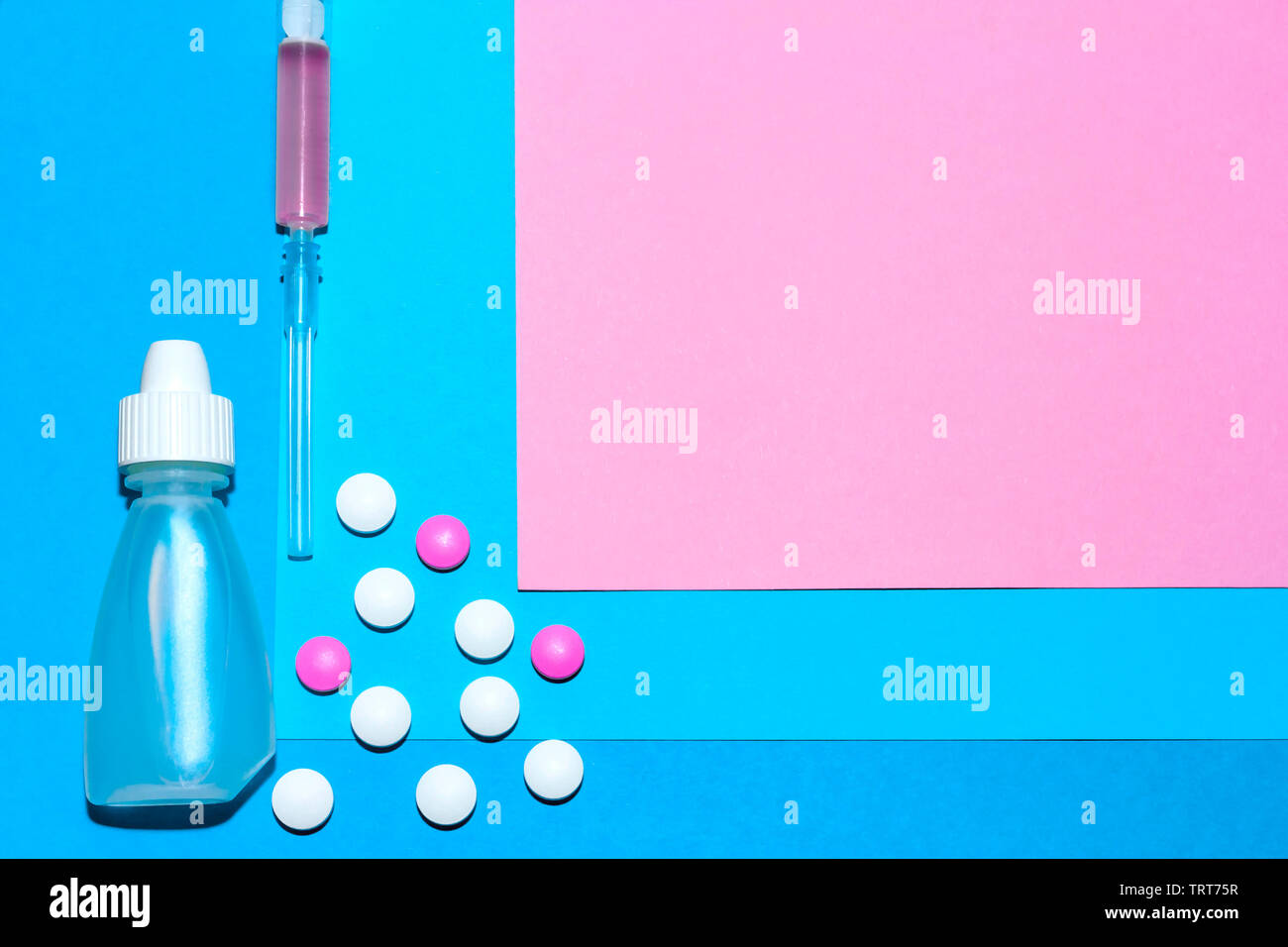 Medical stuff and pills minimalistic flat lay with copy space on a ...