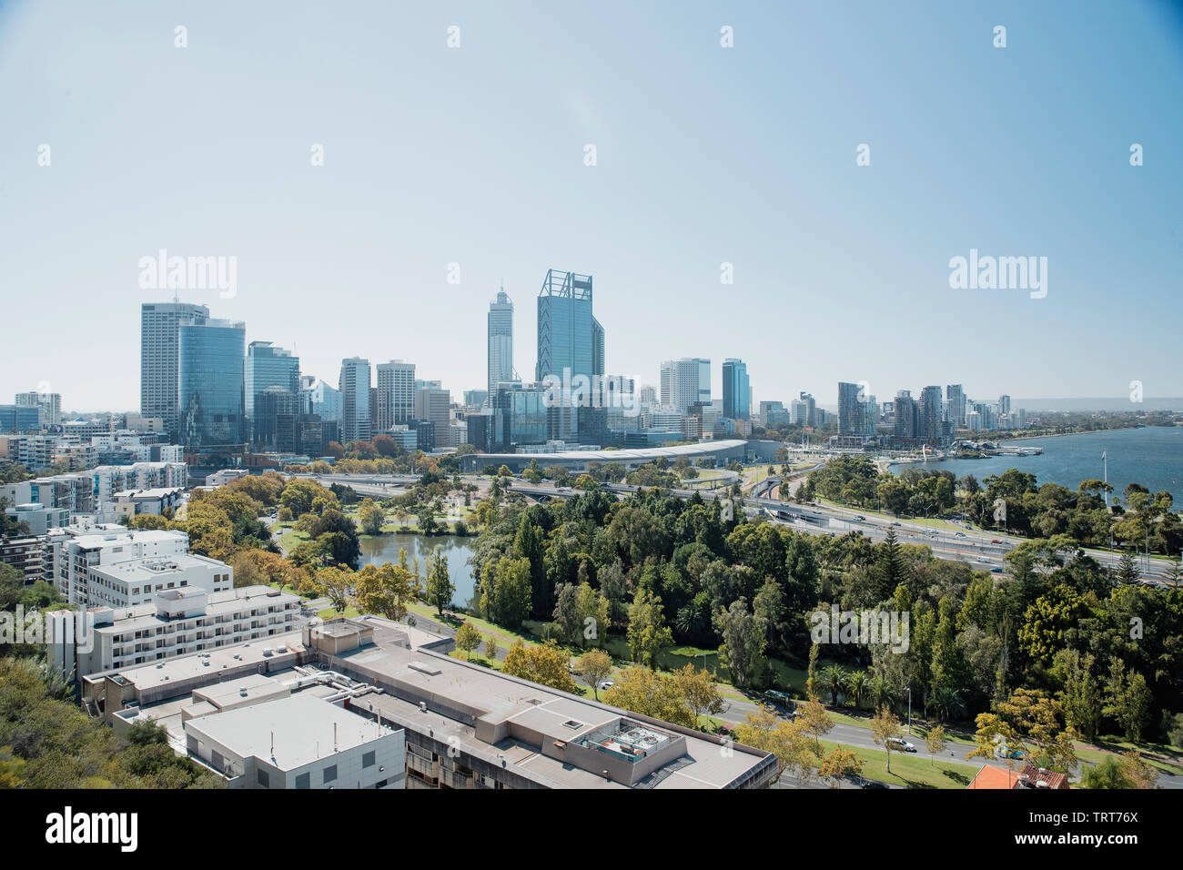 Wide angle view of Perth, showing the cities sky line, park areas and ...