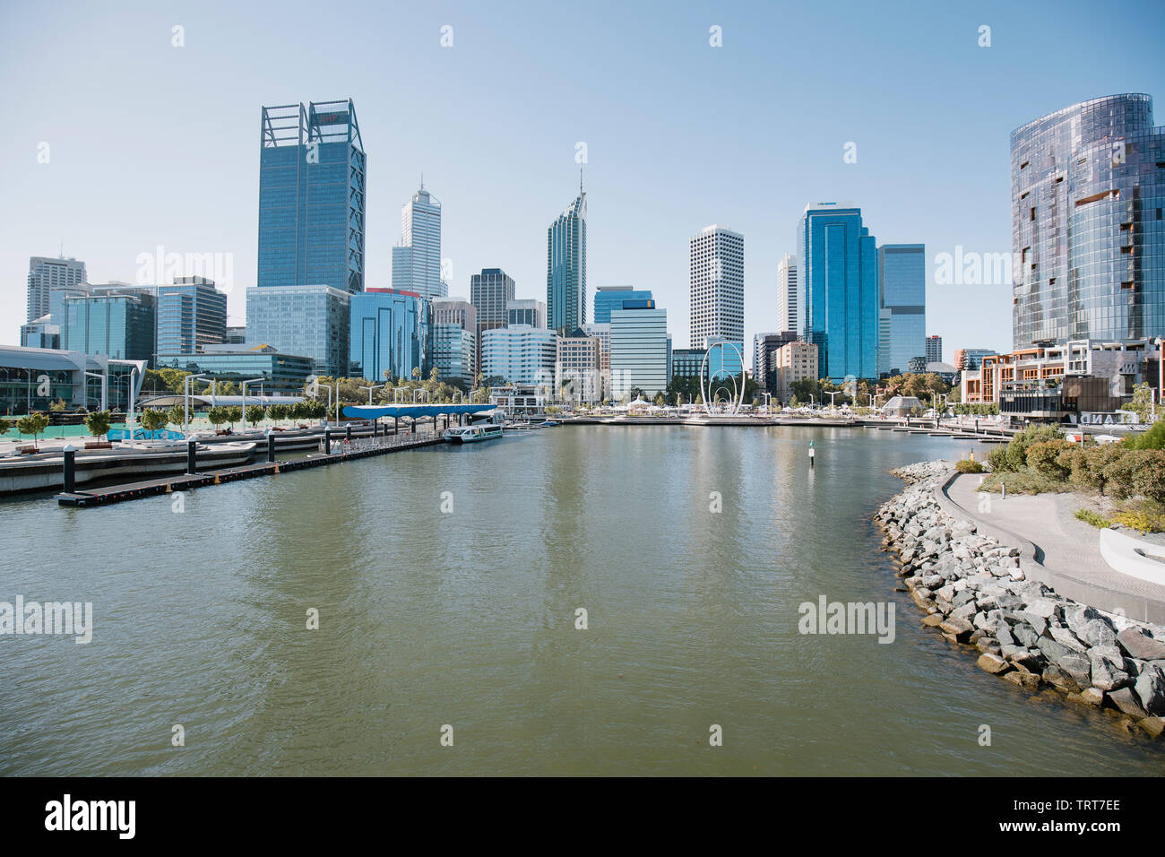 View of the skyline of Perth, Australia from across the Swan River ...