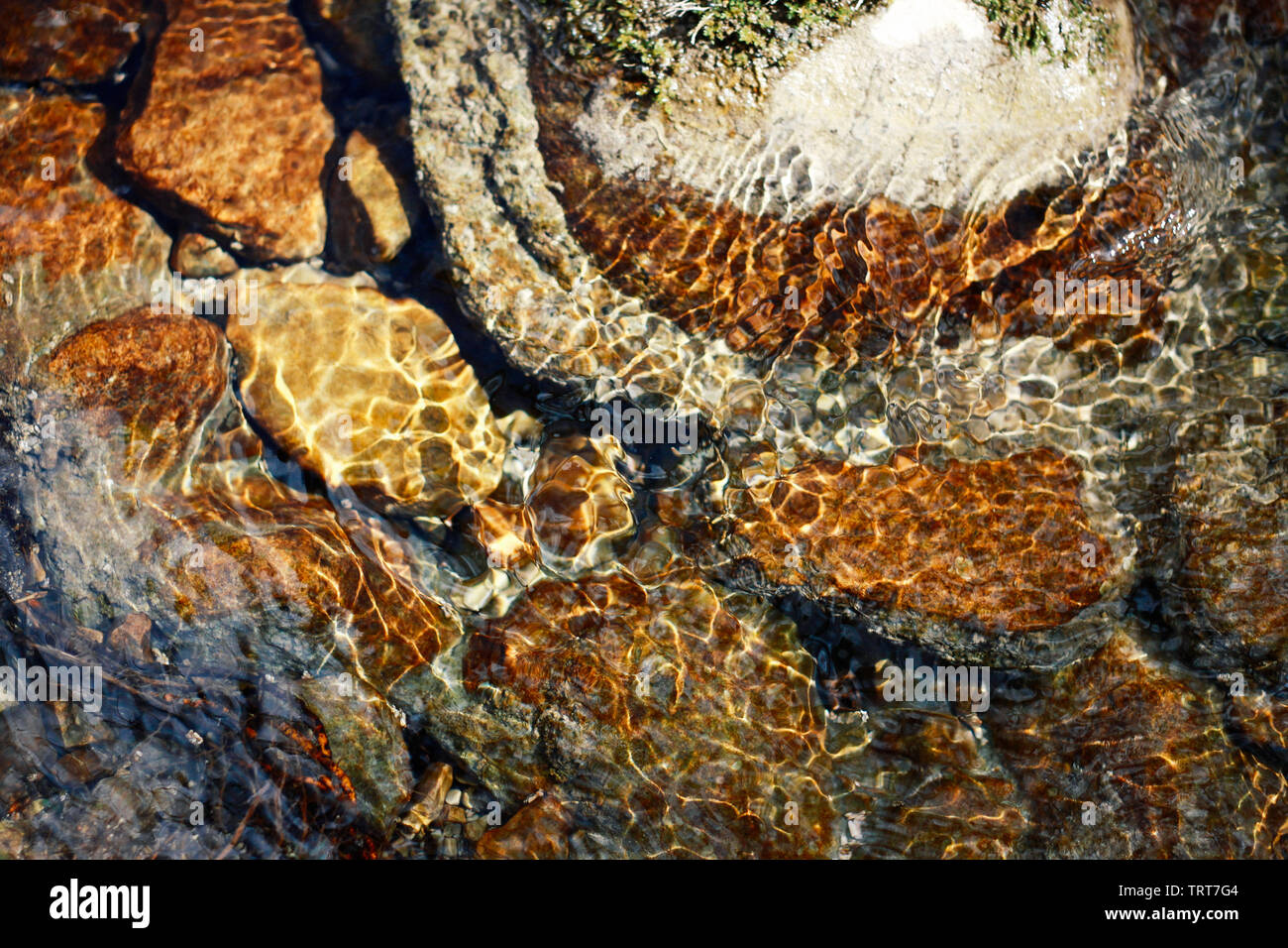 River stones in the river water. Pebbles under water. The view from the ...