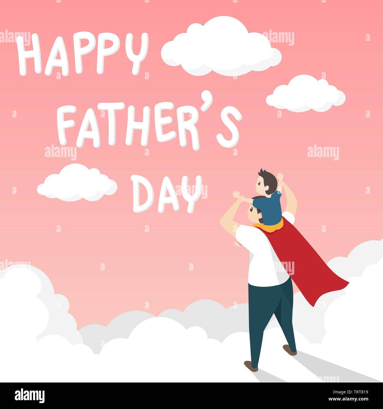 vector of happy father's day greeting card. Dad in superhero's costume giving son ride on ...