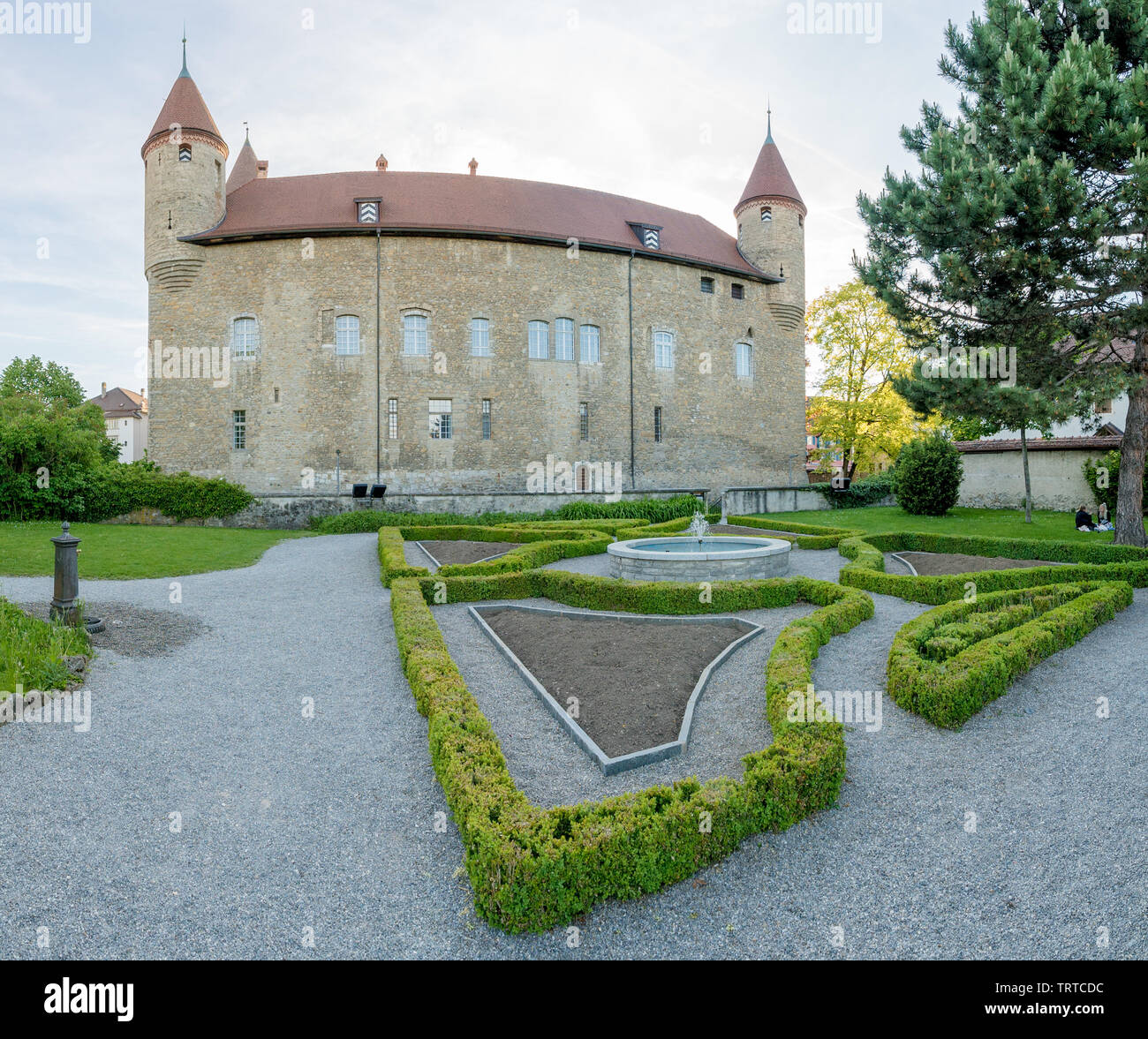 Bulle, FR / Switzerland - 1 June 2019: the gardens and the historic ...