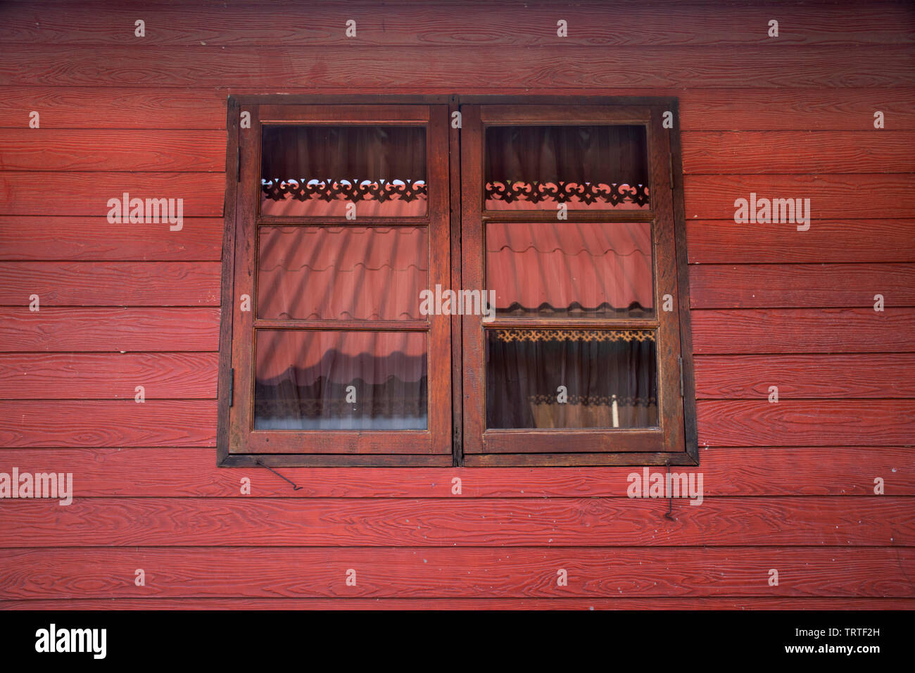 Classic retro vintage window on wall of wooden hut at the City of ...