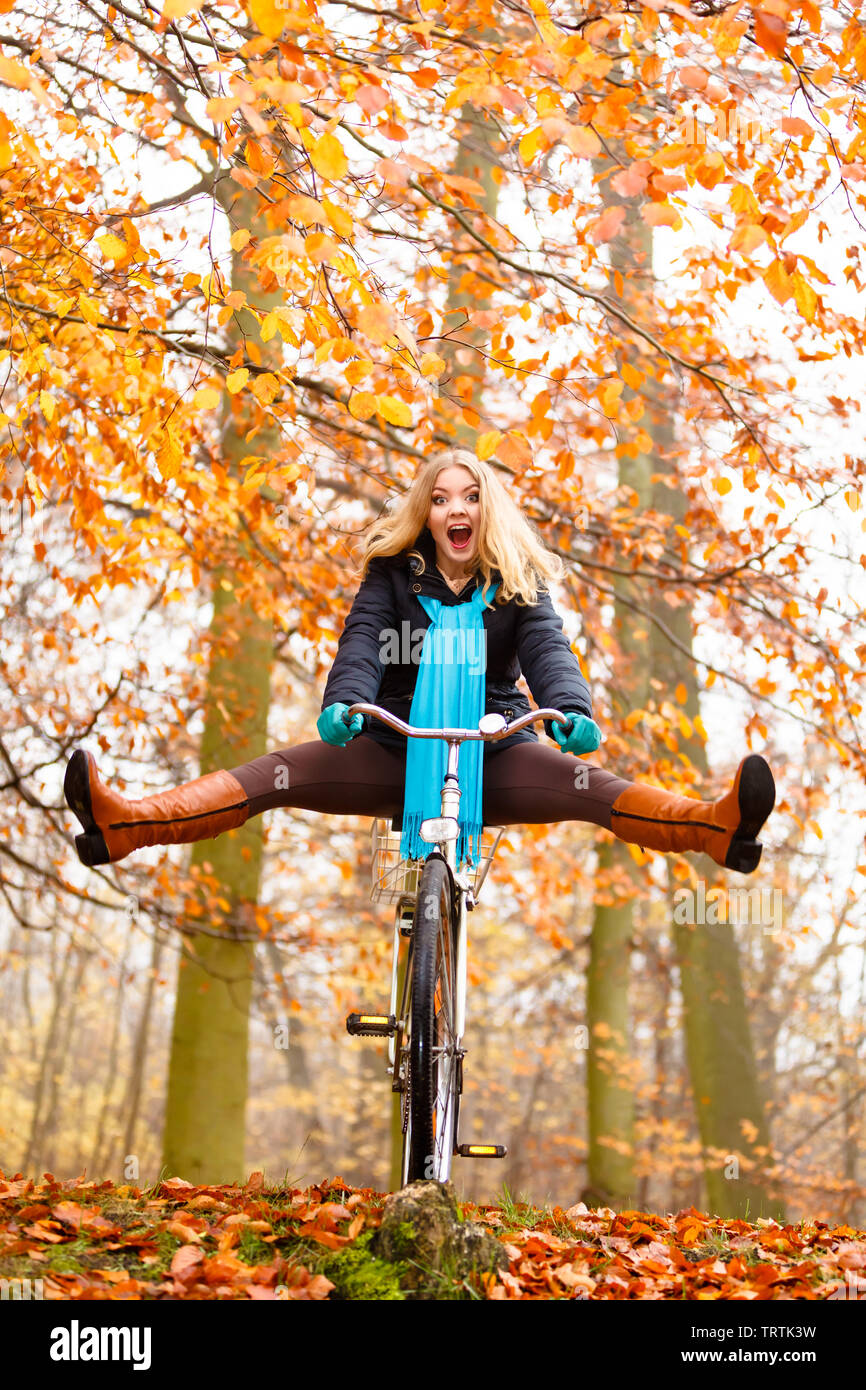 Fall active lifestyle concept. Happy crazy woman girl vivid color shawl ...