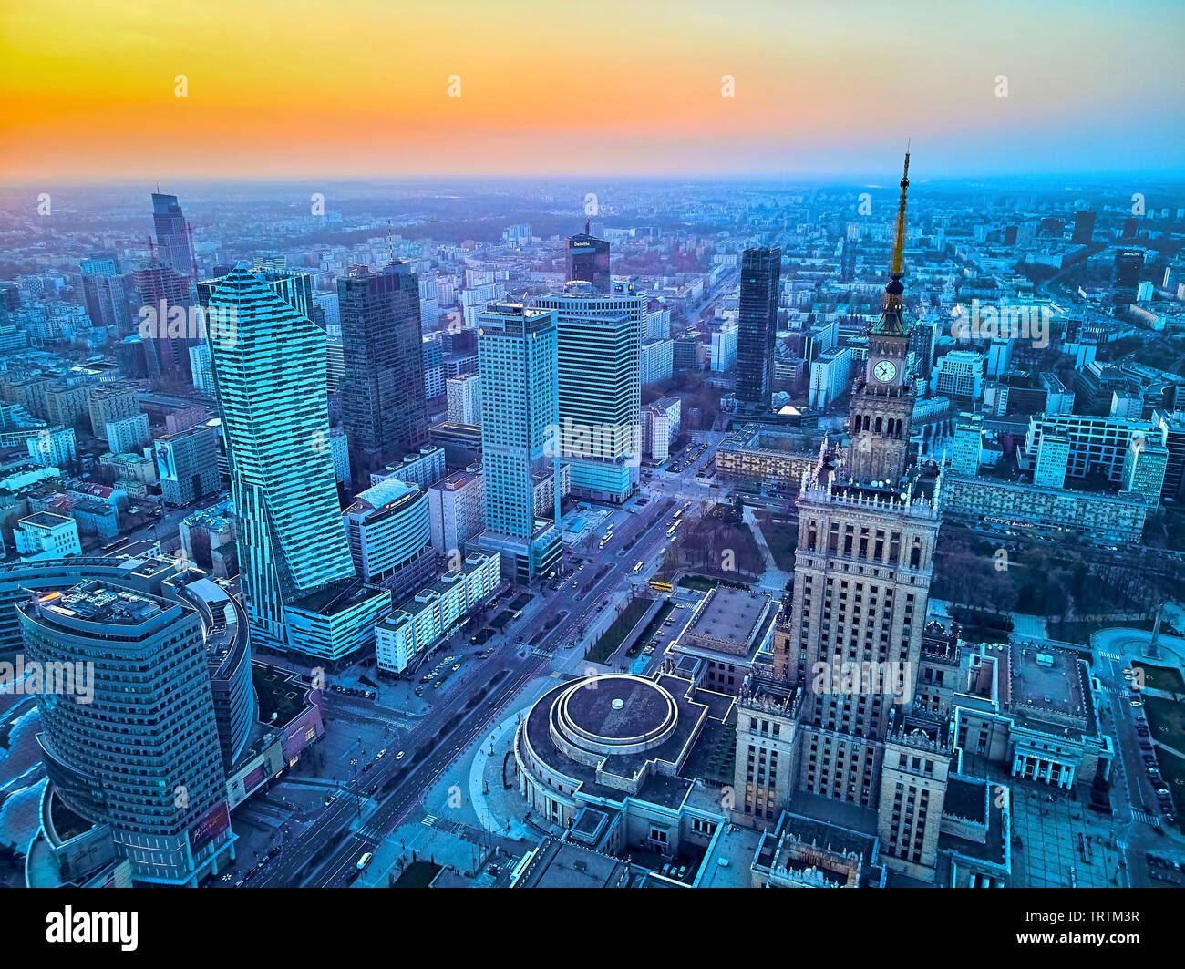 WARSAW, POLAND - APRIL 07, 2019: Beautiful panoramic aerial drone view to the center of Warsaw ...