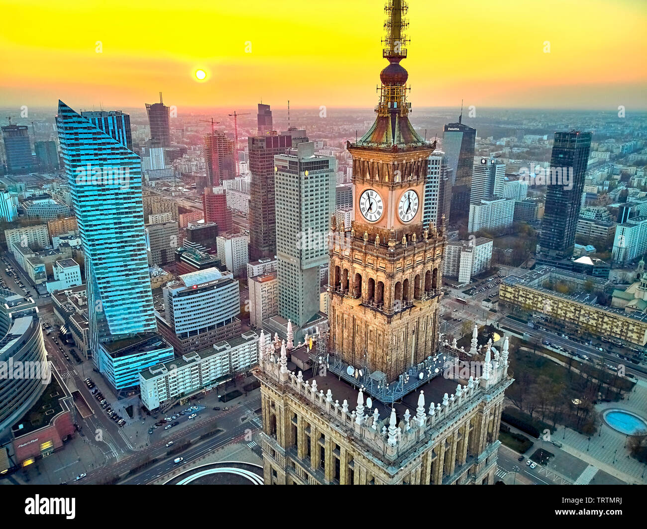 WARSAW, POLAND - APRIL 07, 2019: Beautiful panoramic aerial drone view ...