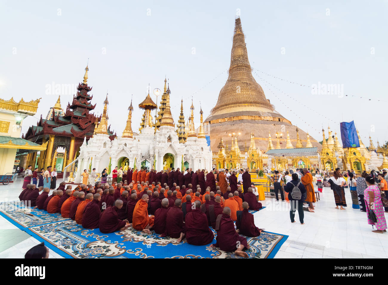 Yangon, Myanmar - March 2019: Buddhist monks during the official alms ...
