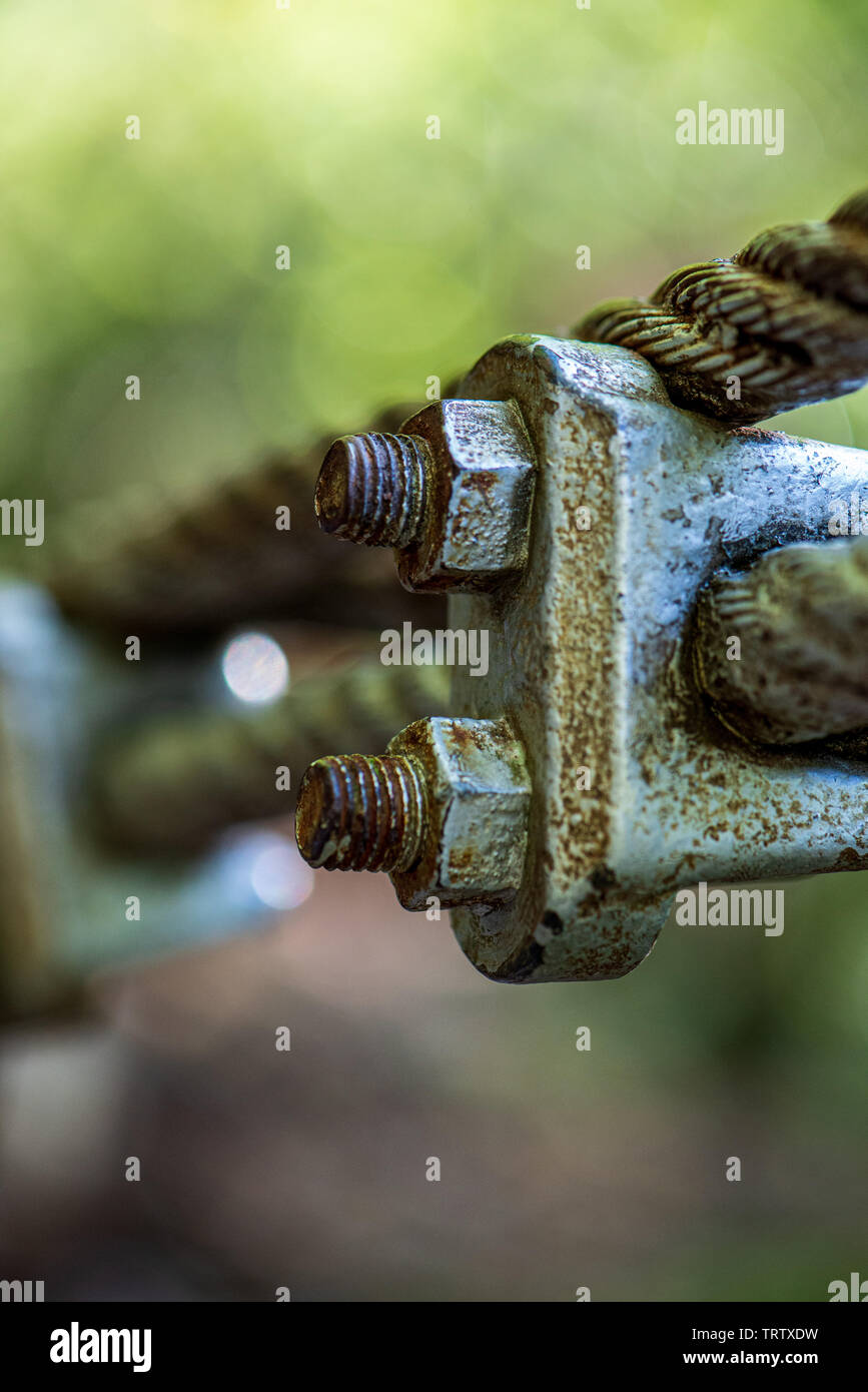 metal chain and wire rope holding bridge in place. steel construction ...