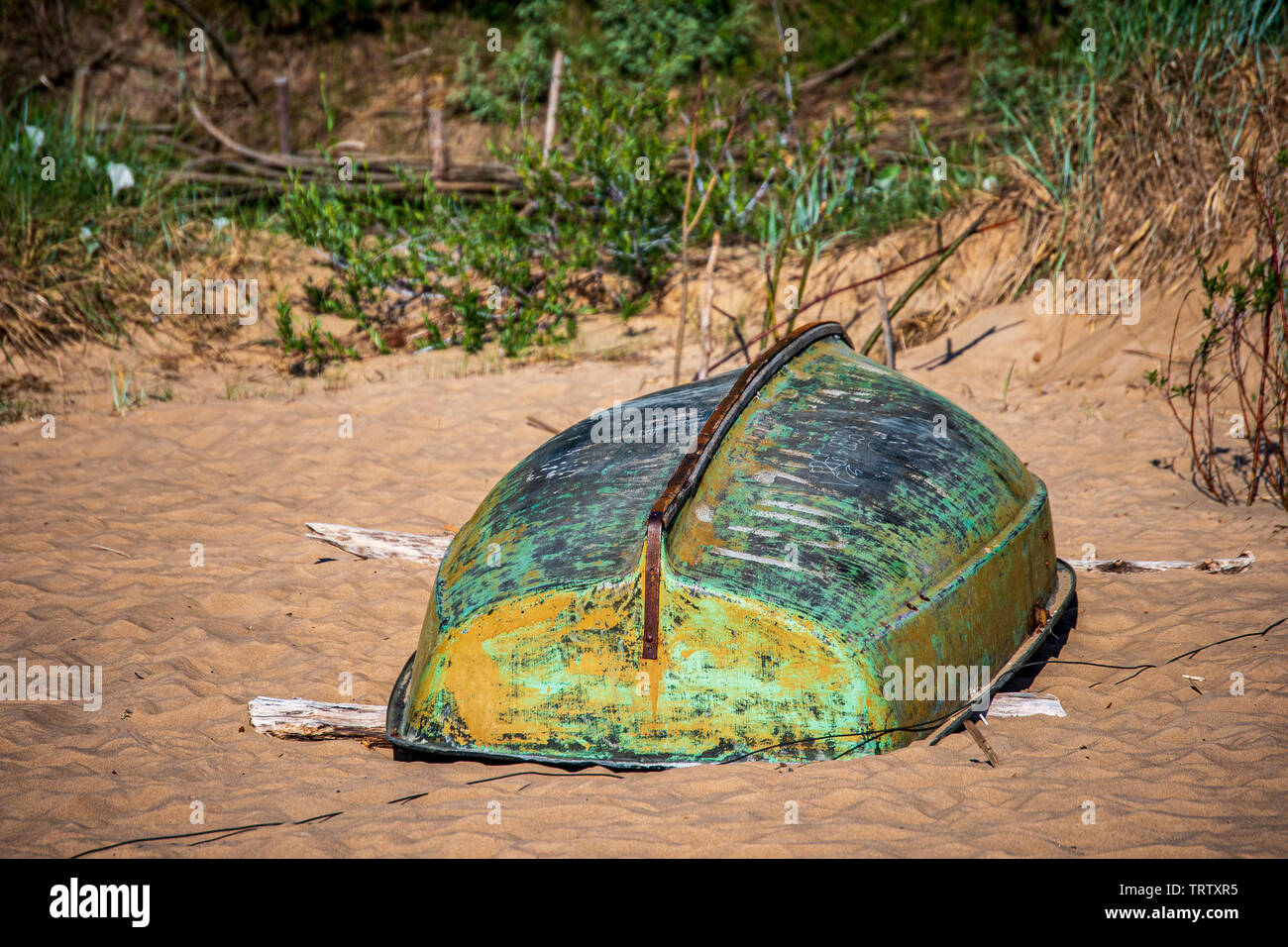 empty white sand beach with no people in summer with boat Stock Photo ...