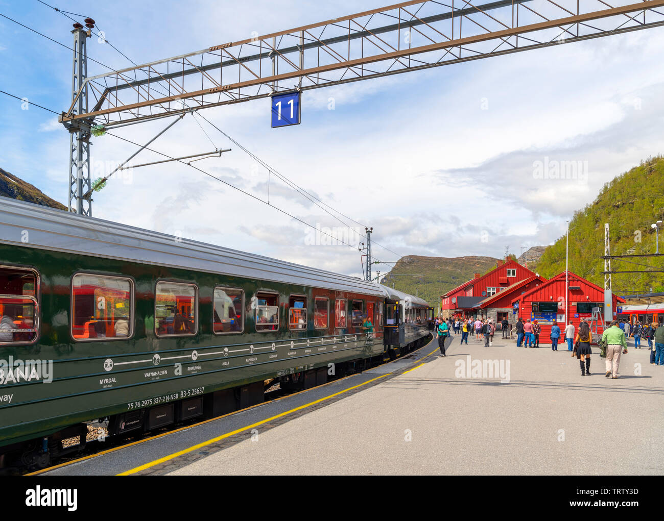Passengers on the platform at Myrdal Station, Flam Railway (Flåmsbana), Flåm, Sogn og Fjordane ...