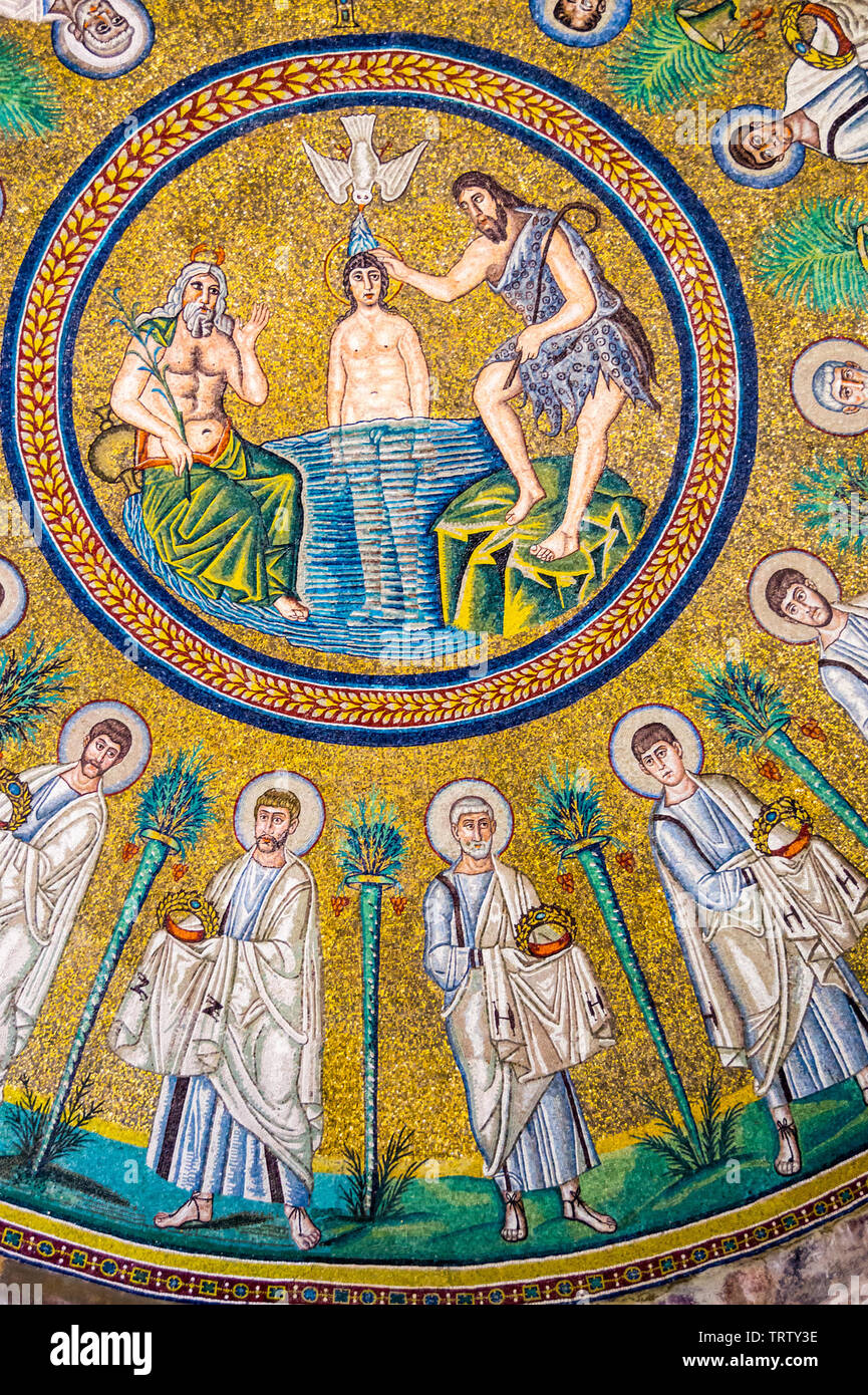 Mosaics of baptism of Christ with John the Baptist and apostles, Arian Baptistery, c. 500AD ...