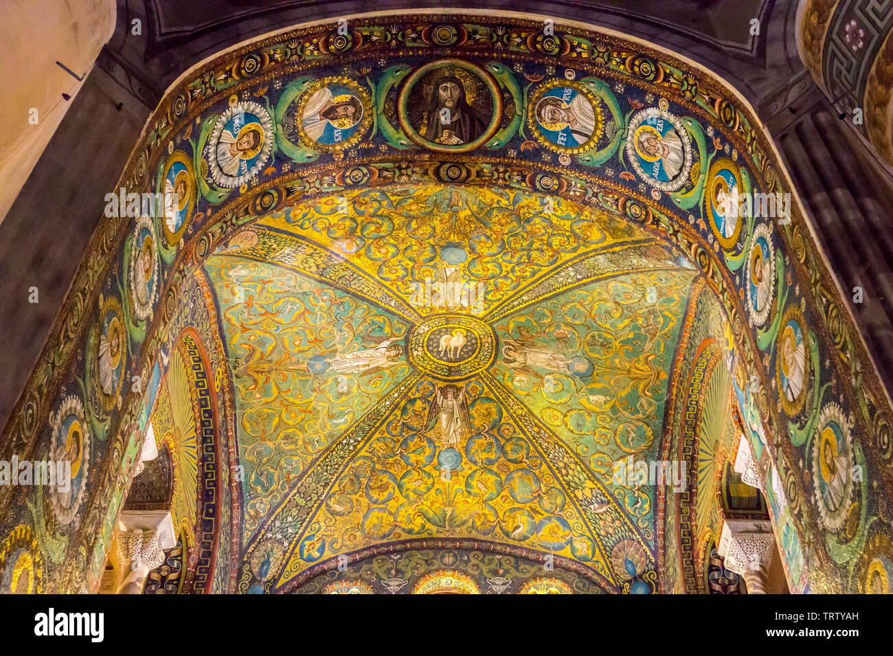 Ceiling mosaic with Christ and the the twelve apostles, Basilica of San ...