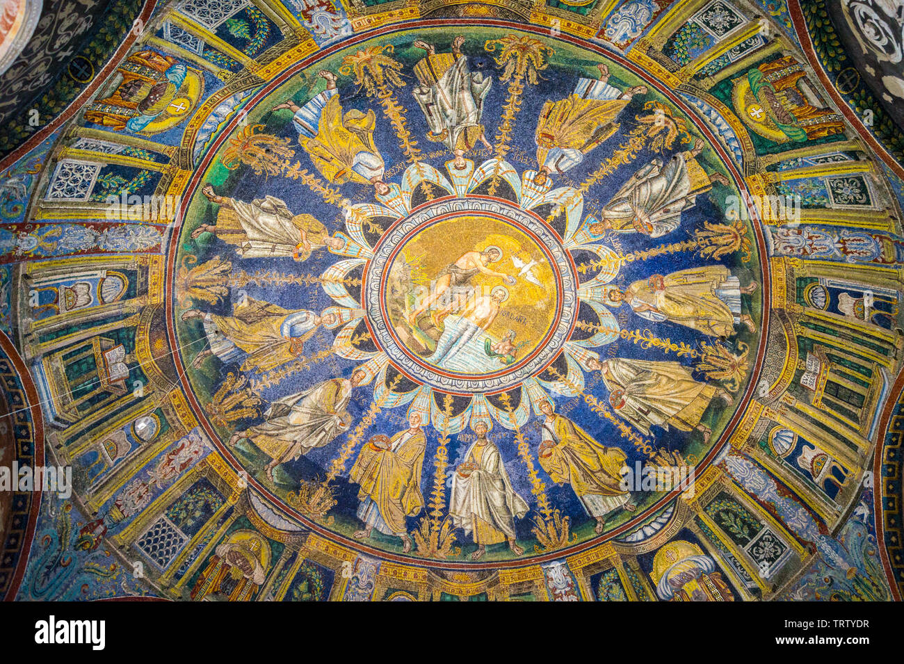 Mosaics of baptism of Christ with John the Baptist and apostles, Neonian or Orthodox Baptistery ...