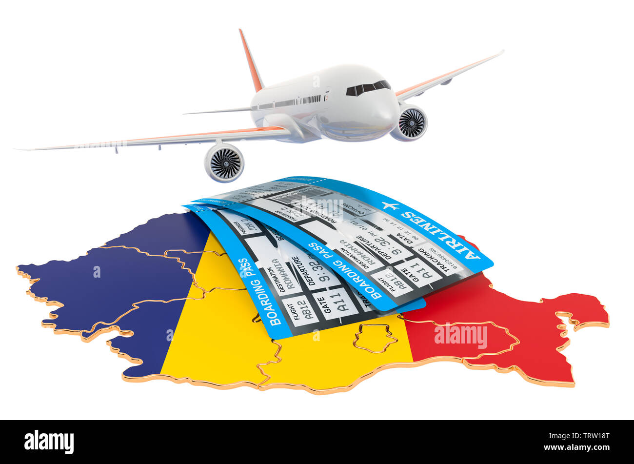 Flights to Romania concept. 3D rendering isolated on white background ...