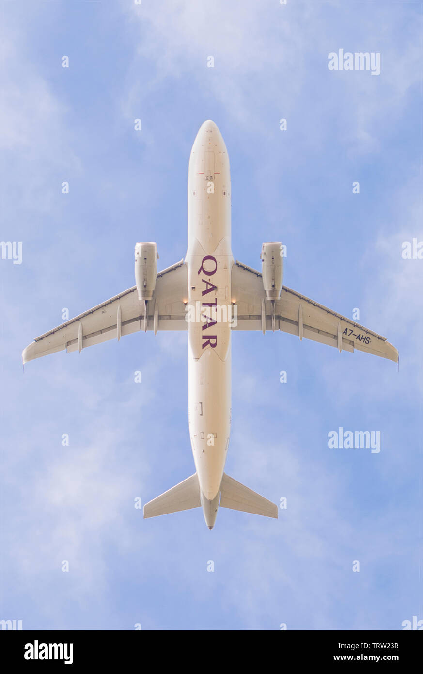 PISA, ITALY - JUNE 12, 2019 - An aircraft (Airbus A320-200) of Qatar ...