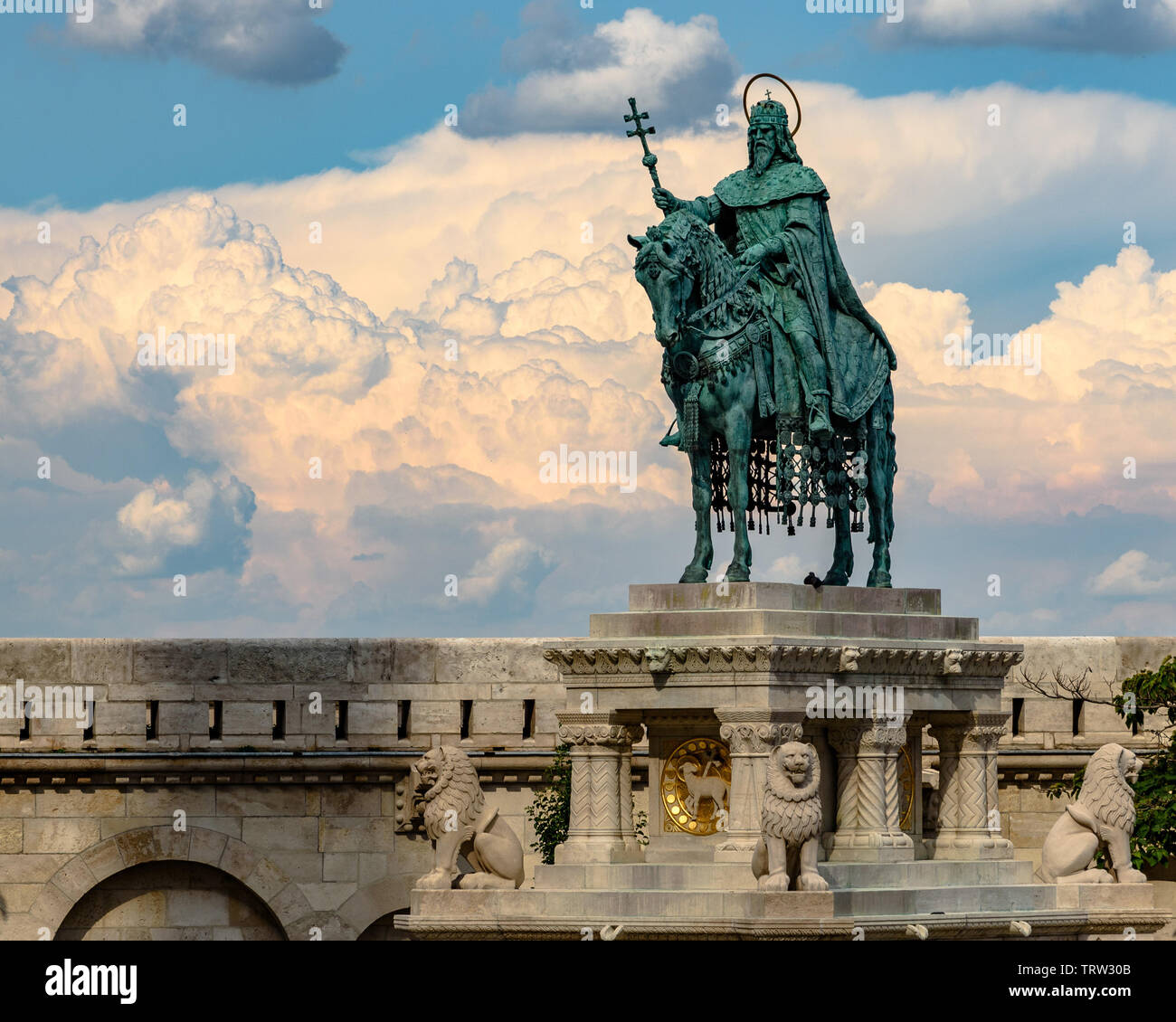 The equestrian statue of Saint Stephen in Buda Castle with clouds in ...