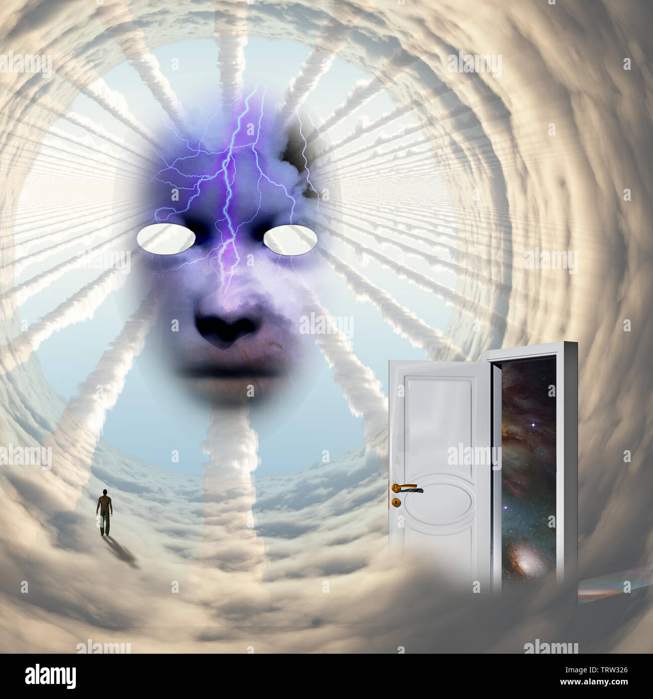 Surrealism. Face of God. Mask in the tunnel of clouds. Lonely man in a ...