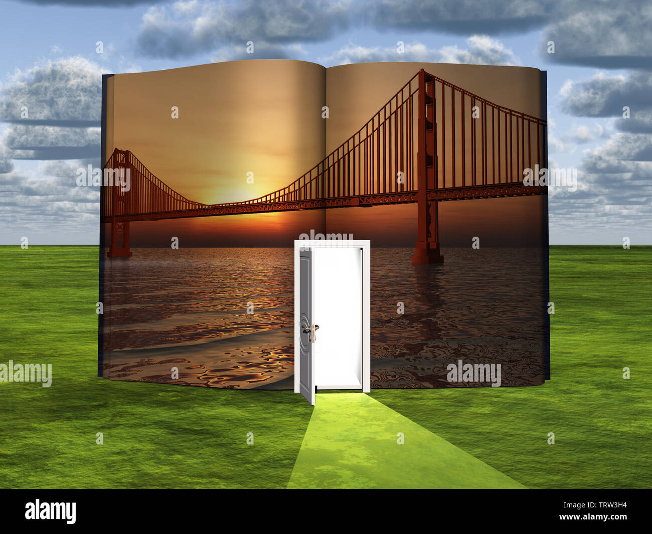 Surrealism. Book with opened door and Golden Gate bridge Stock Photo ...