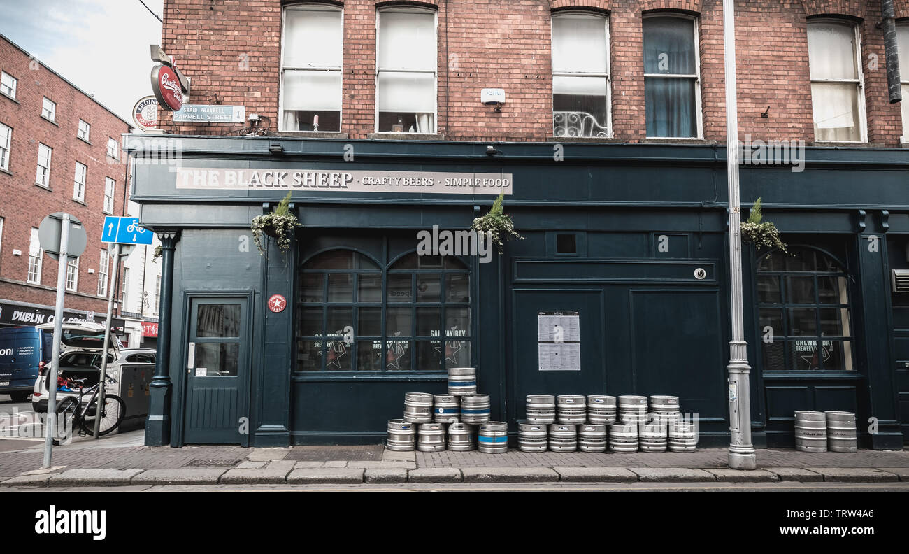 Dublin, Ireland - February 12, 2019 - beer barrels piled up on the ...