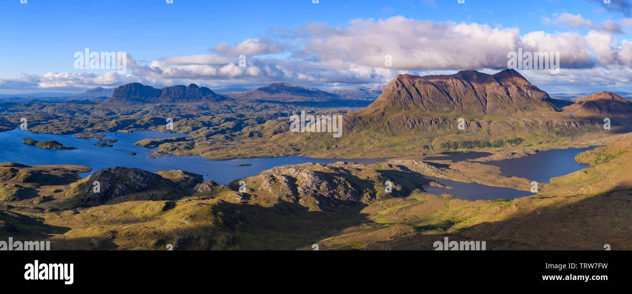 Panoramic view from Stac Pollaidh looking towards Loch Sionascaig ...