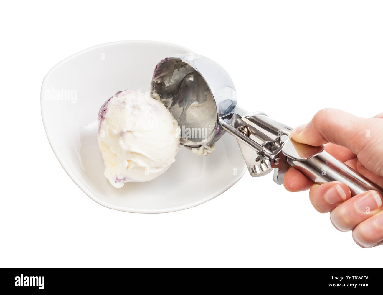 putting ball of ice cream in bowl by disher scoop isolated on white ...