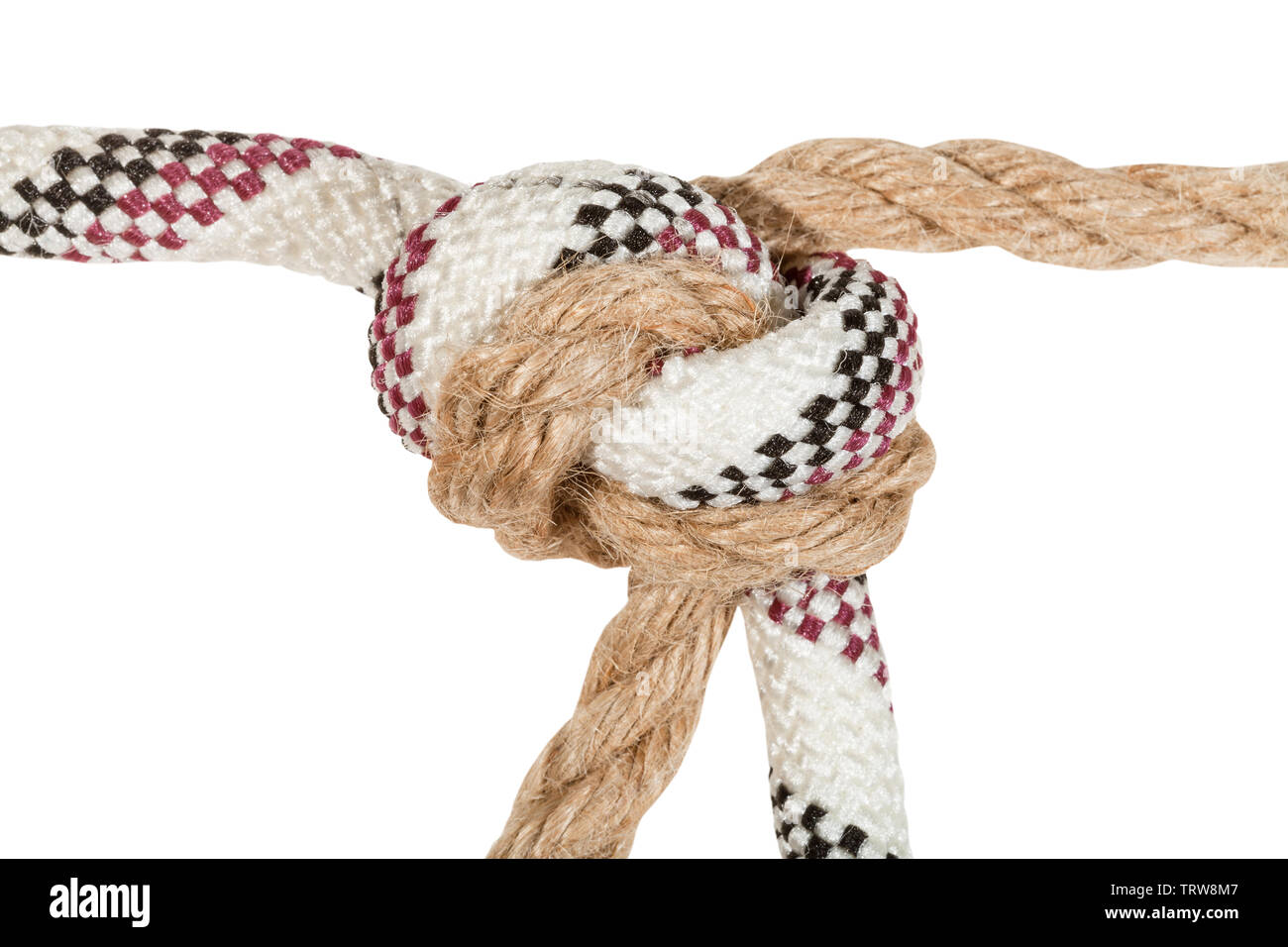 Offset overhand bend joining two ropes close up isolated on white ...