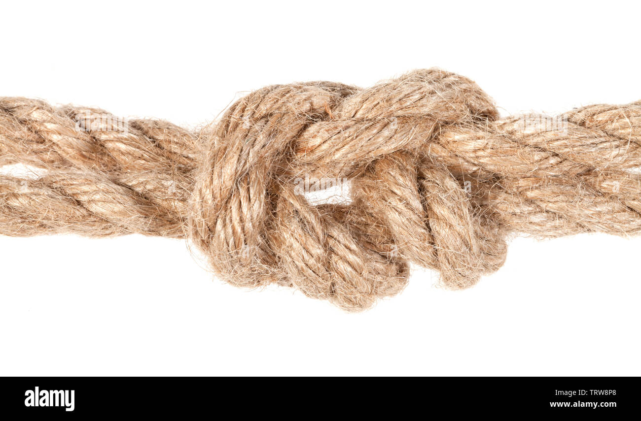 surgeon's knot joining two ropes close up isolated on white background ...