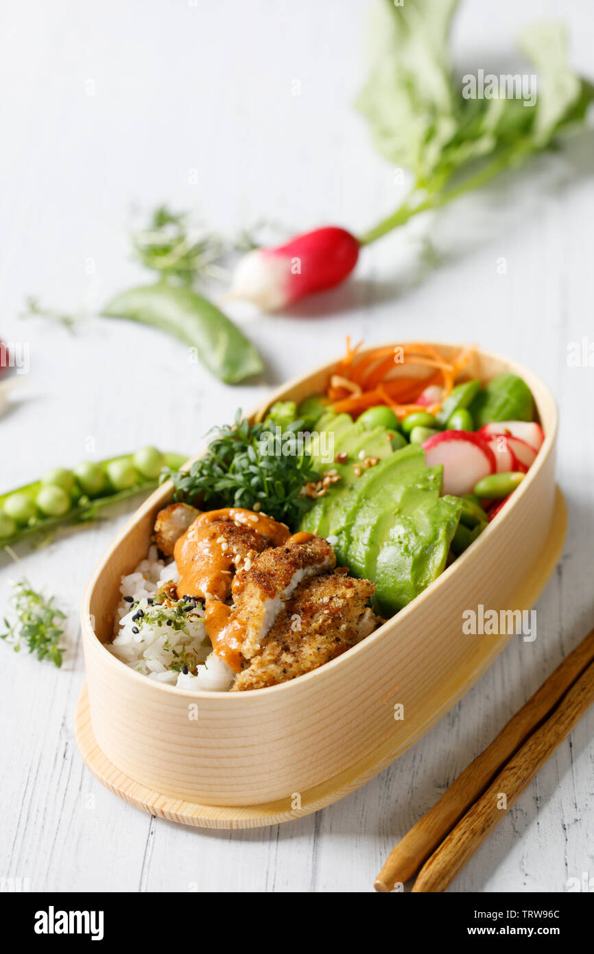 Japanese style bento lunch box with chicken, rice and vegetables Stock ...