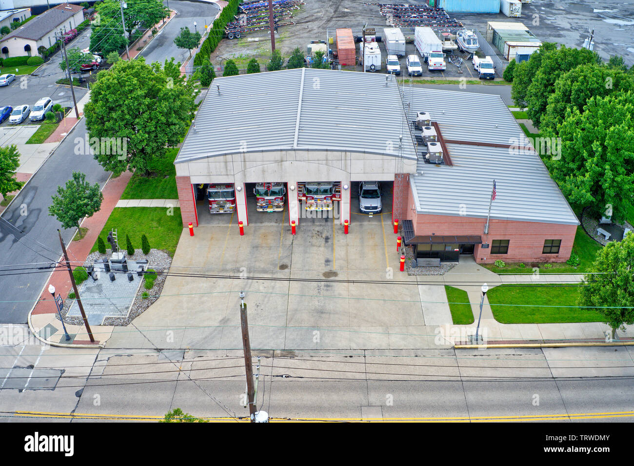 Aerial View of Firehouse with Engines inSide Stock Photo - Alamy