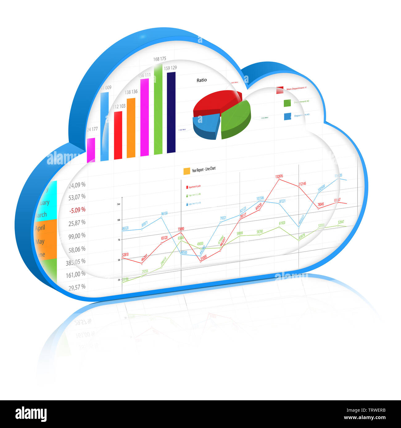 Blue 3d cloud with business report inside it: spreadsheet and charts ...