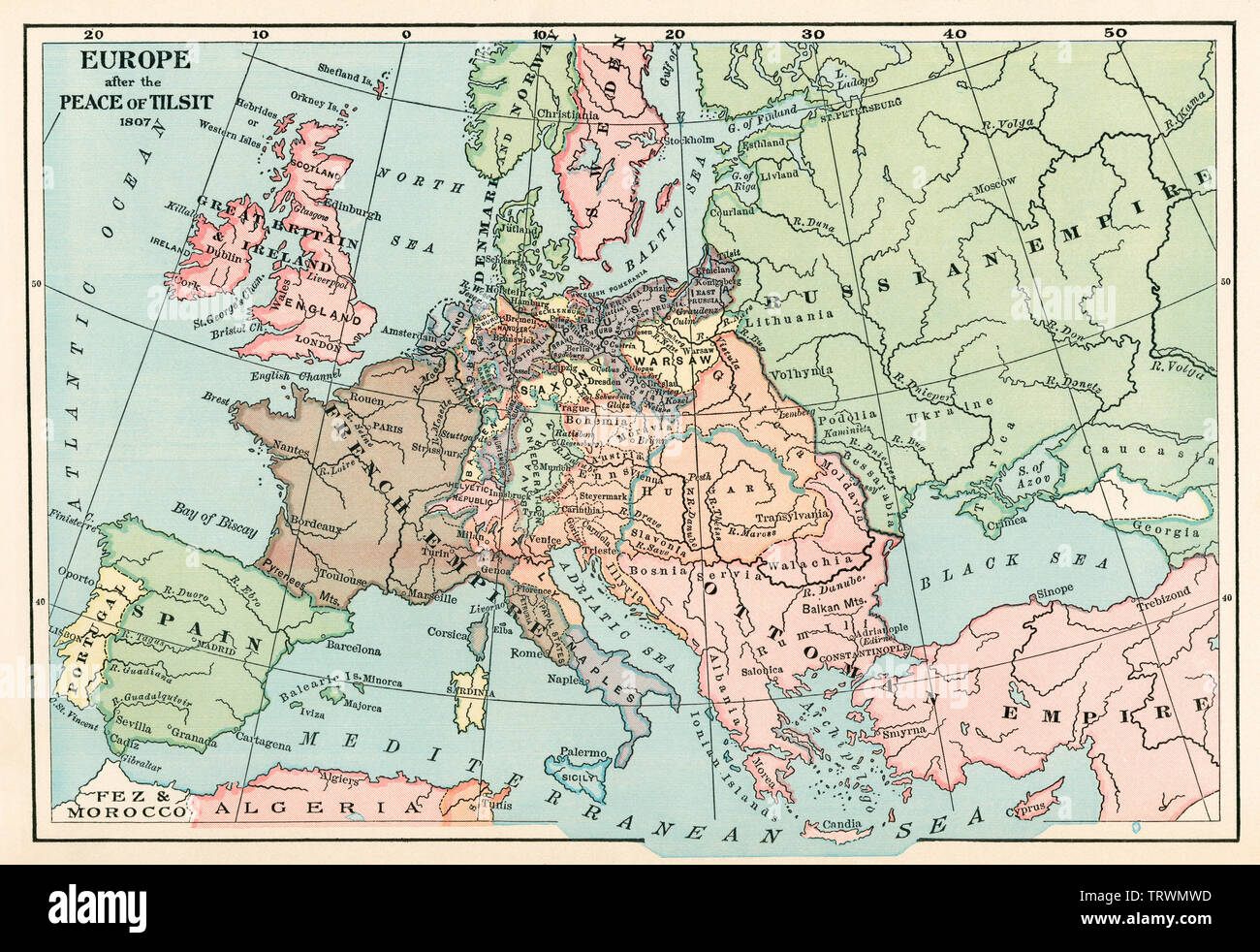 Map of Europe after the Peace of Tilsit, Napoleonic Wars, 1807. Color ...