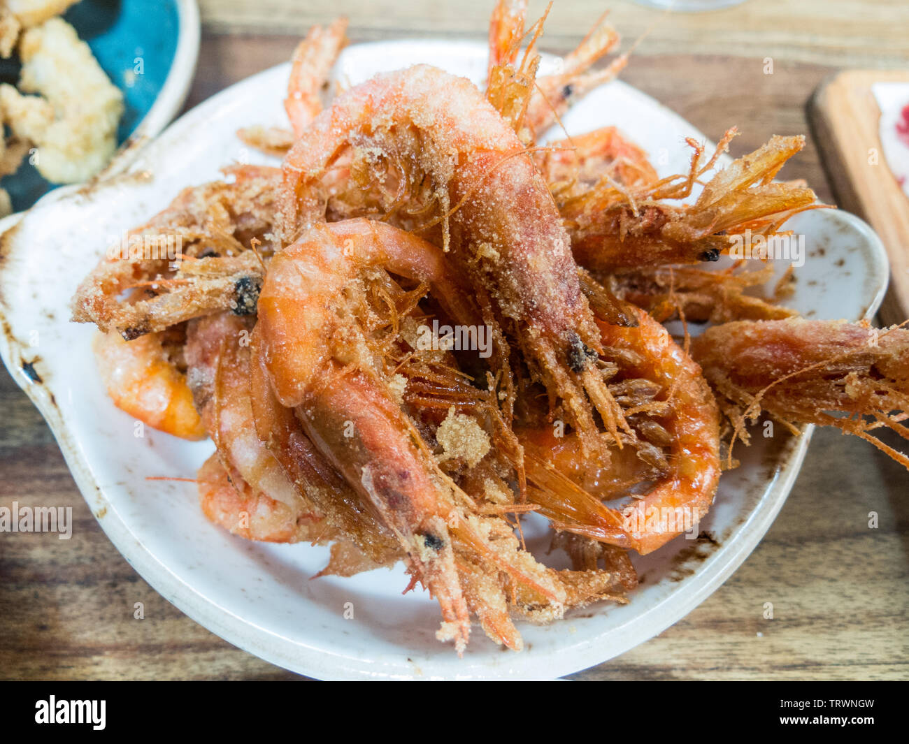 Typical dish of fried prawns, a tapa very common in Spain, especially ...